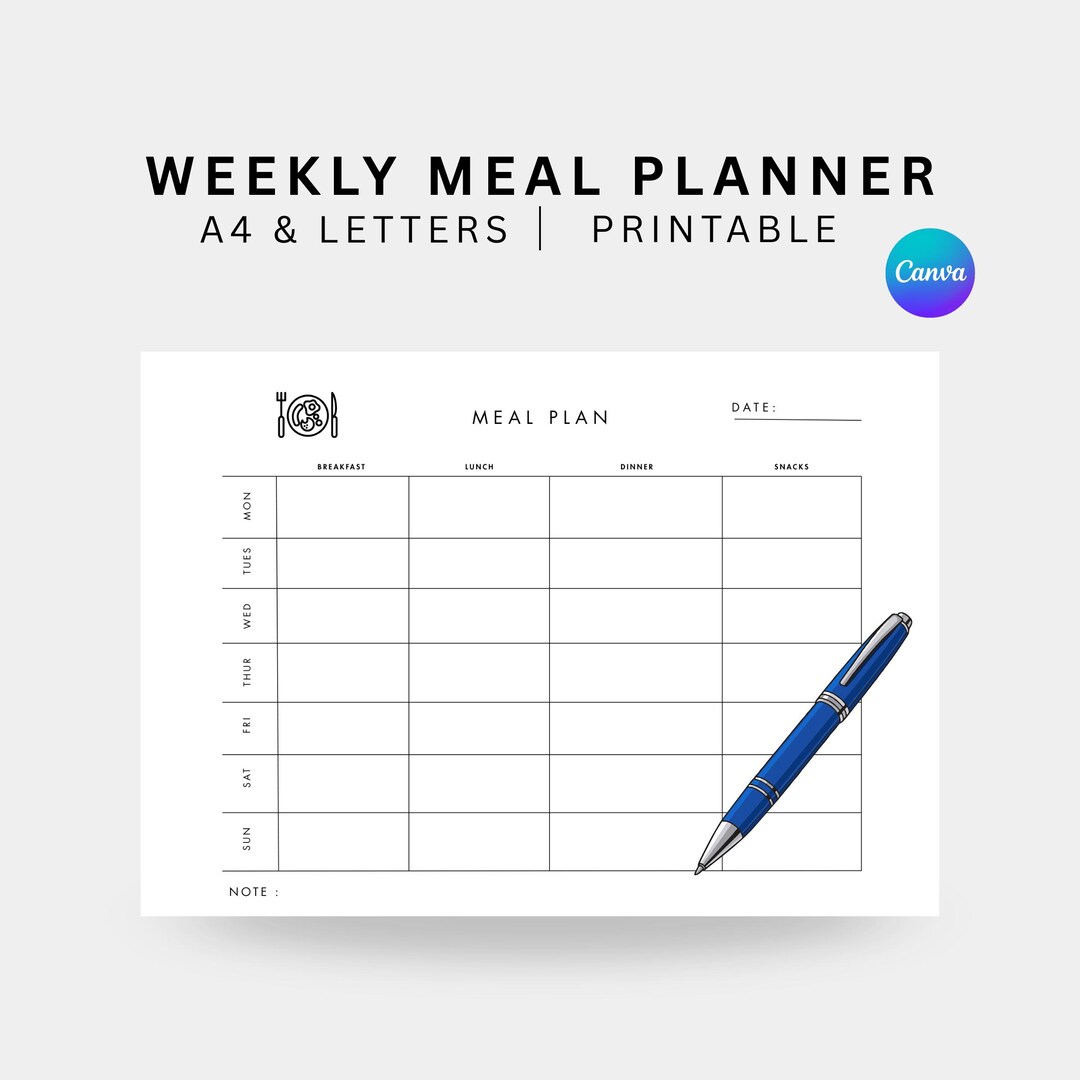 Weekly Meal Planner Printable | 7-day Menu Template (A4, A5, Letter) - Etsy