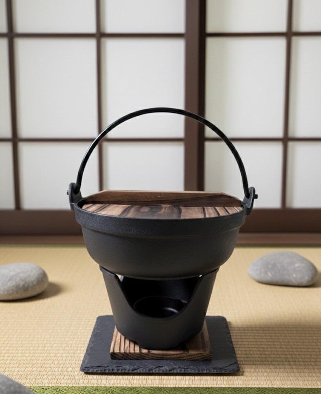 Vintage Japanese Cast Iron Nabe Pot With Wooden Lid & Stove Stand ...