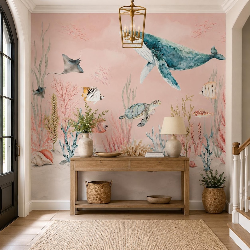 Watercolor Ocean Whale Wallpaper Mural, Peel and Stick Under the Sea ...