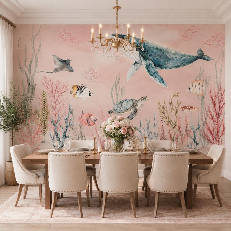 Watercolor Ocean Whale Wallpaper Mural, Peel and Stick Under the Sea ...