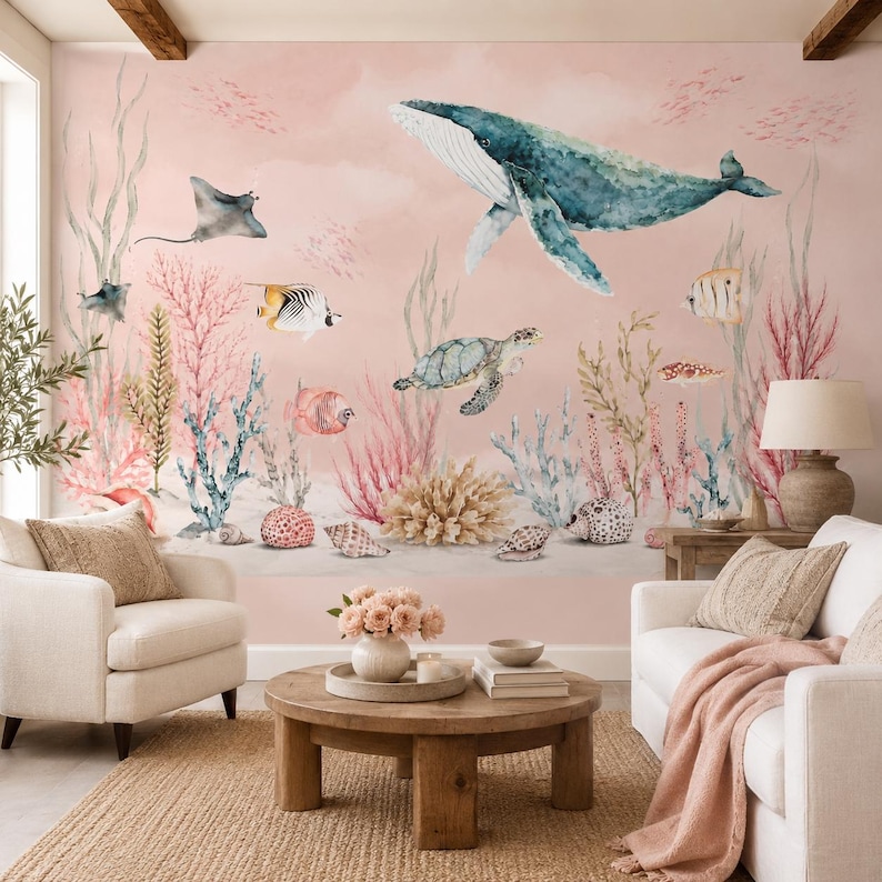 Watercolor Ocean Whale Wallpaper Mural, Peel and Stick Under the Sea ...
