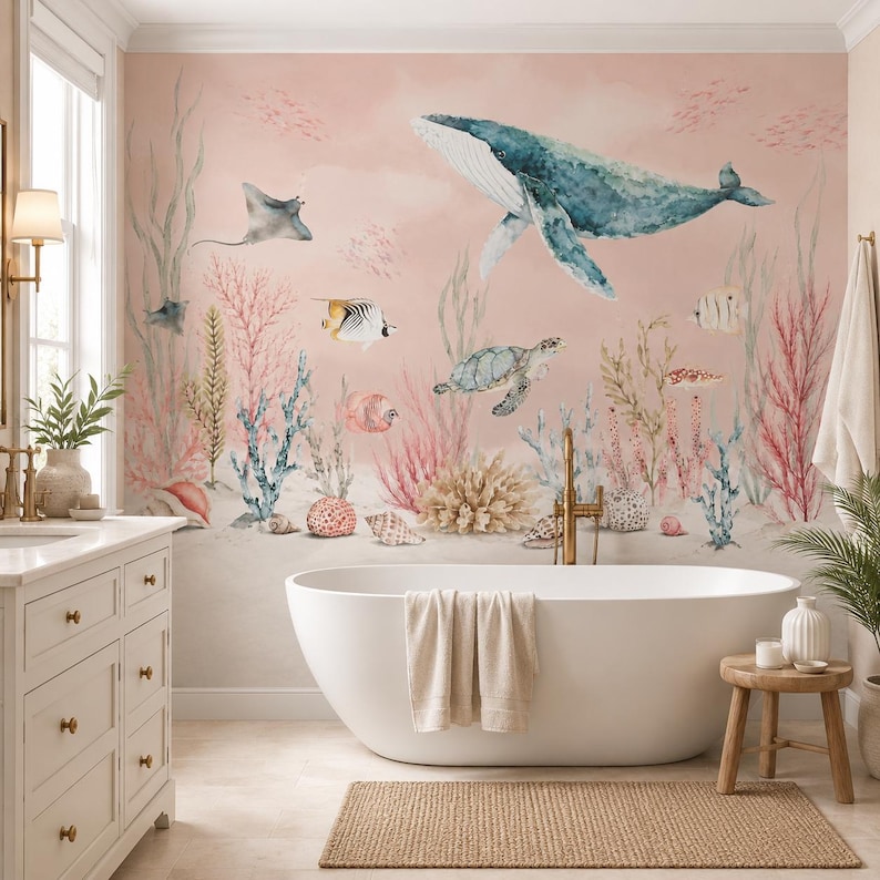 Watercolor Ocean Whale Wallpaper Mural, Peel and Stick Under the Sea ...