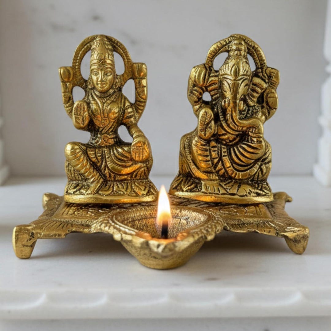 Brass Laxmi Ganesh Idol Diya Oil Lamp (deepak) | H 9 Cm, 130g ...