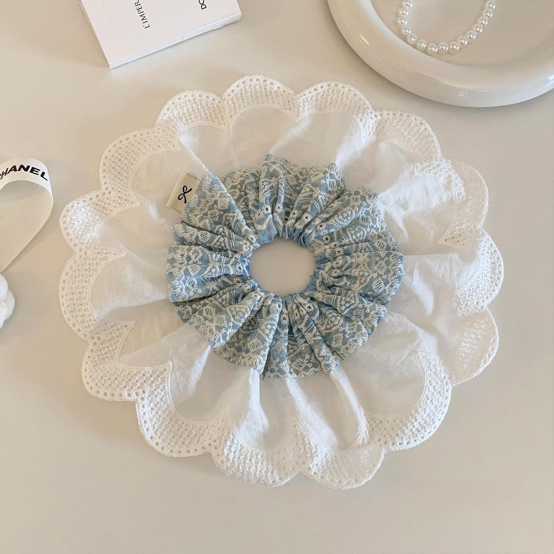 Oversized Ruffle Lace & Floral Hair Tie, Blue Floral Scrunchie - Etsy