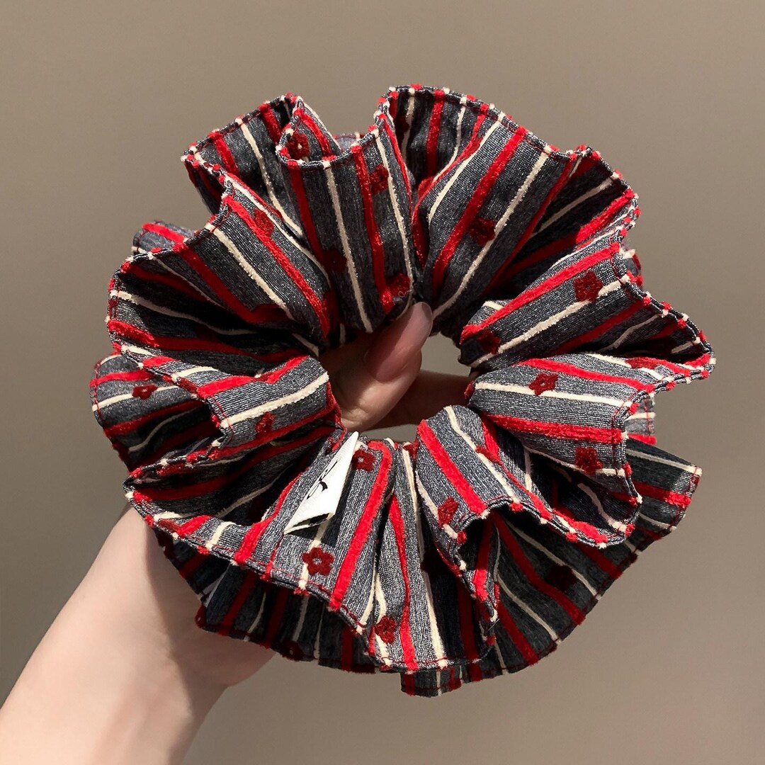 Red & Black Stripe Ruffle Scrunchie, Vintage Scrunchie With Ruffled ...