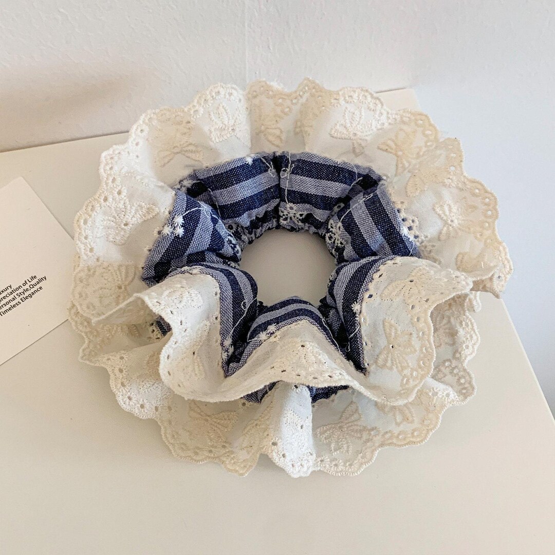 Navy Gingham and Lace Ruffle Scrunchie, Double-layer Hair Tie - Blue ...