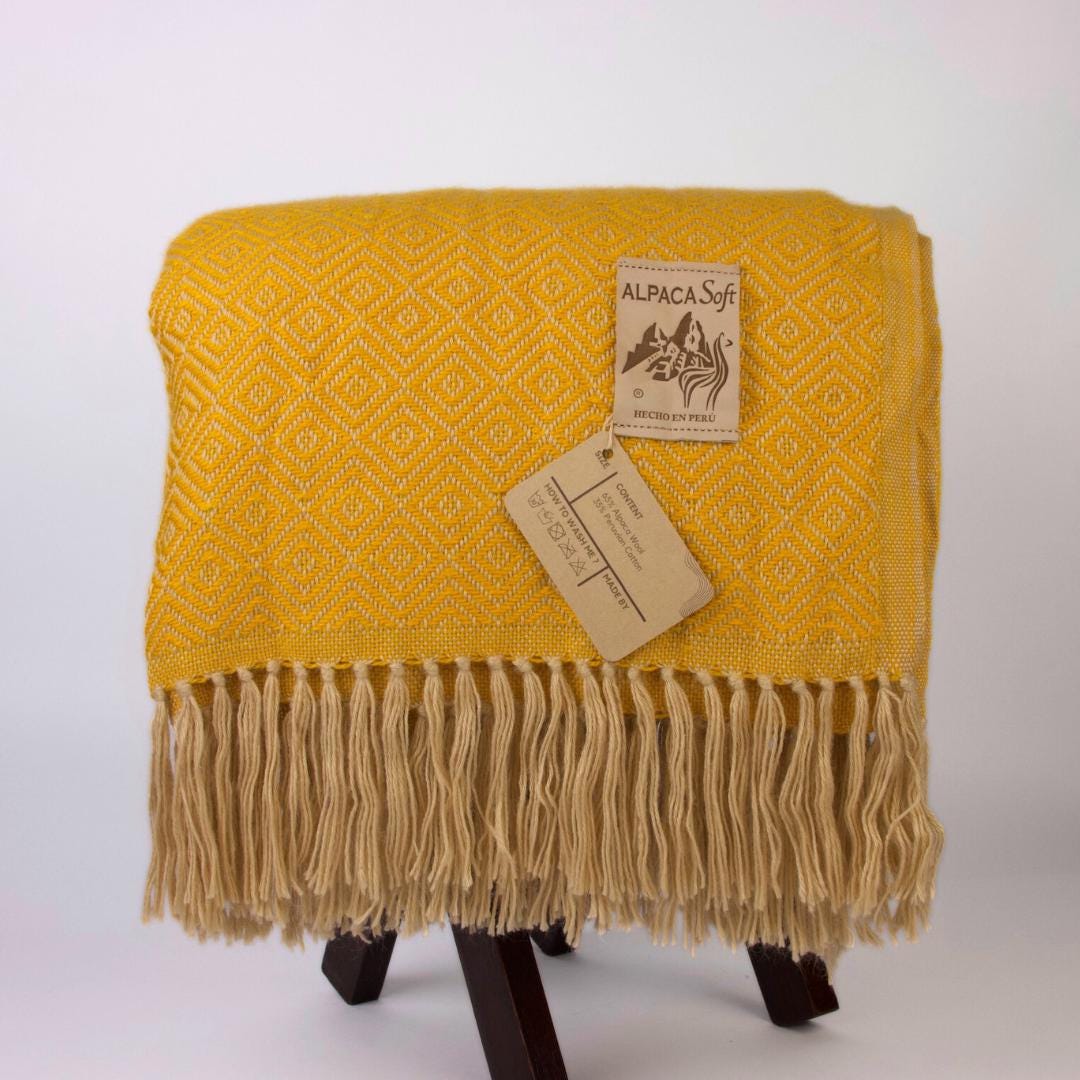 Alpaca Wool Blanket, Yellow, 200 X 140 Cm, Soft Sofa Blanket From Peru ...