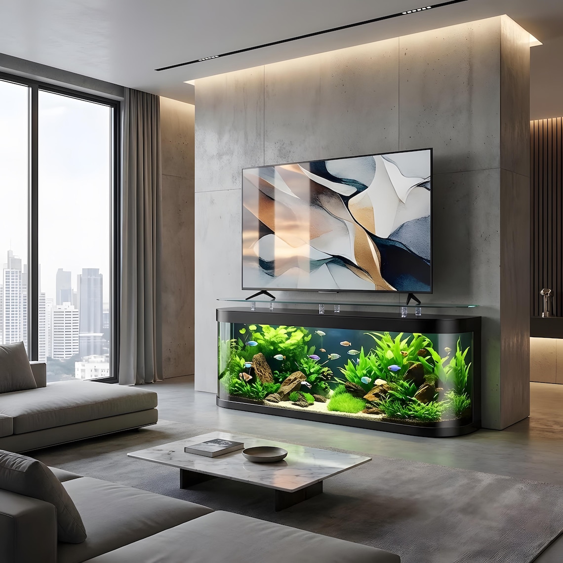Aquarium TV Stand – Black Modern Fish Tank Console Cabinet With Built ...