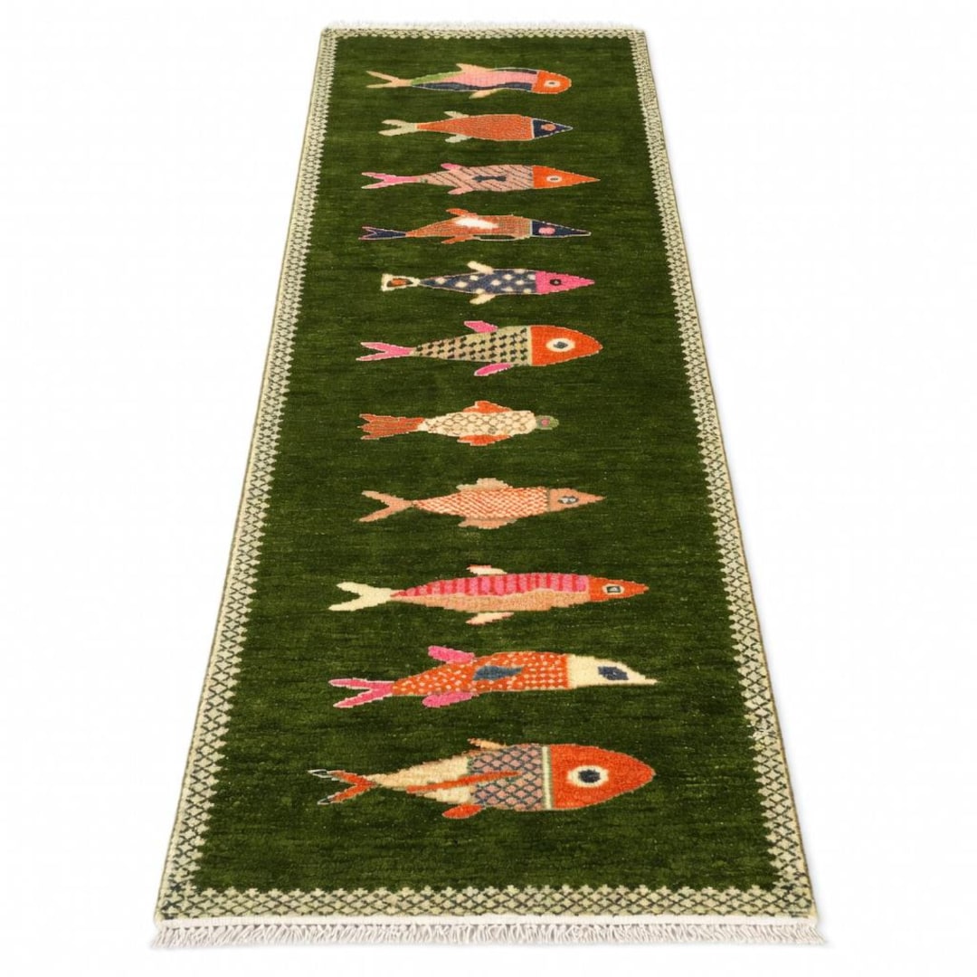 Koi Fish Runner Rug: Green Colorful Carpet Handmade Wool Area Rug - Etsy