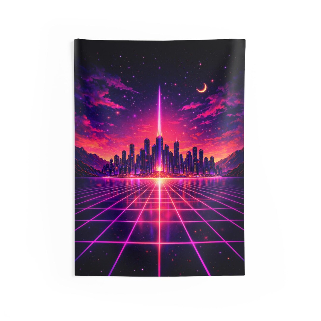 Retro Futuristic Neon City Indoor Wall Tapestry | Vaporwave Grid ...