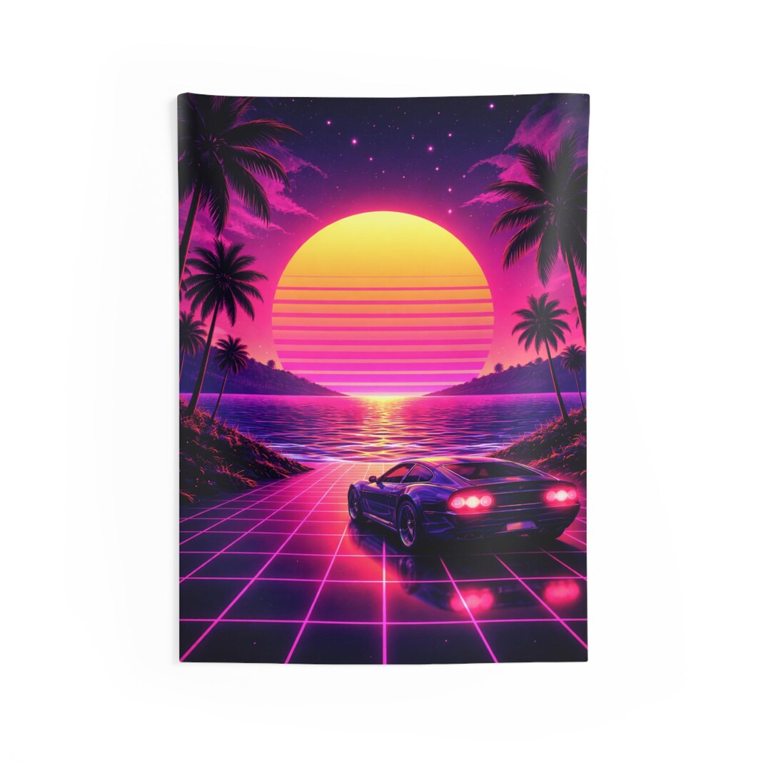 Retrowave Sunset Sports Car Tapestry | Vaporwave Palm Beach Wall Art - Etsy