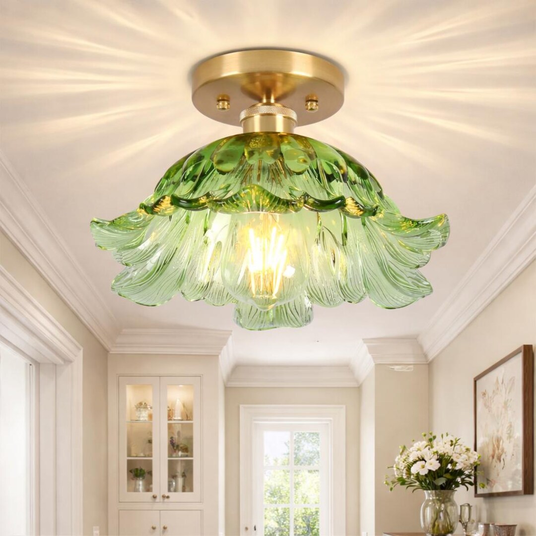 Vintage Inspired Green Glass Flush Mount Ceiling Light - Etsy