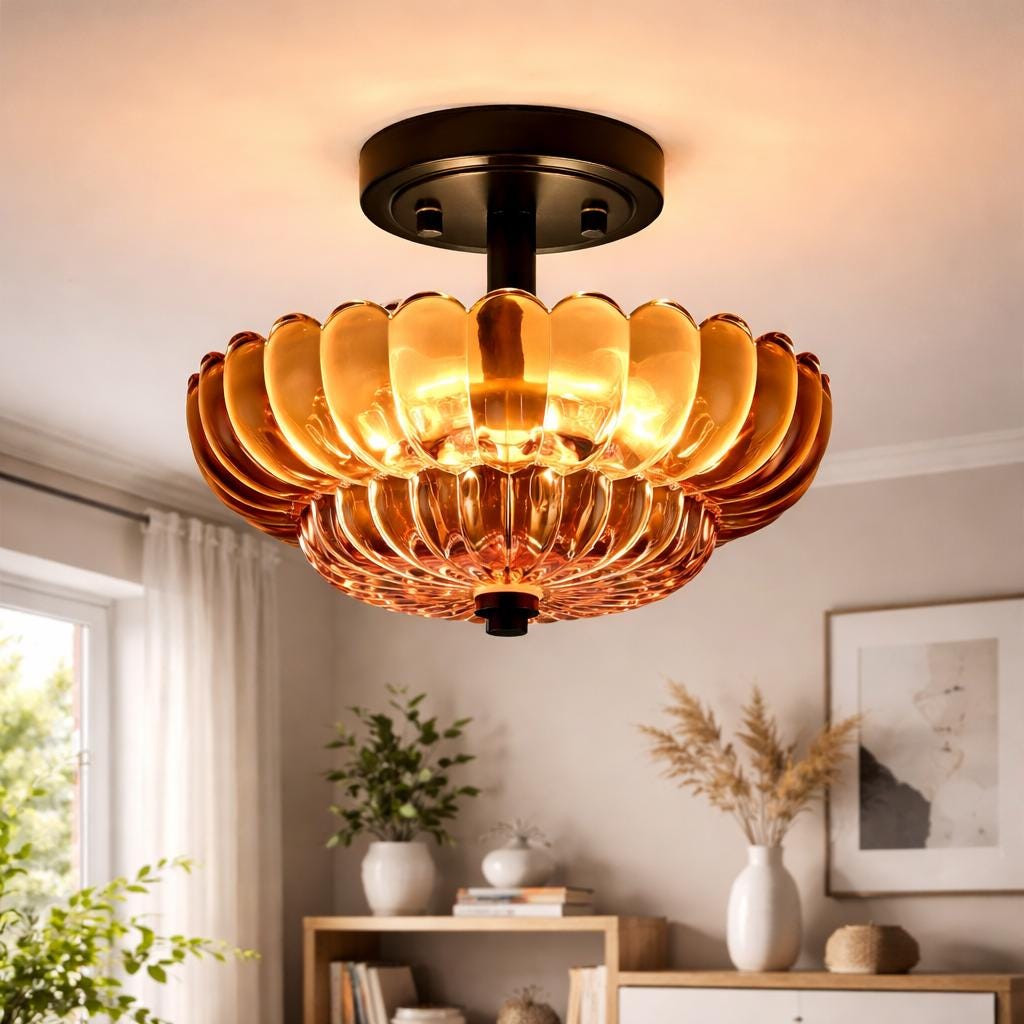 Vintage Inspired Amber Glass Semi Flush Mount Ceiling Light - Etsy