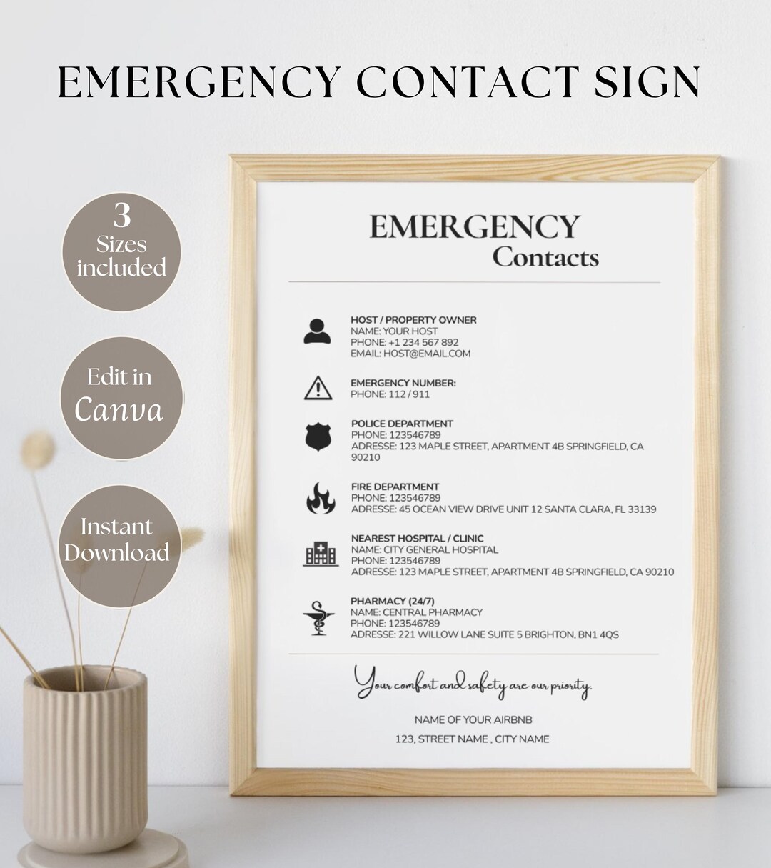 Emergency Contact Sign Canva Template | Airbnb Emergency Information ...