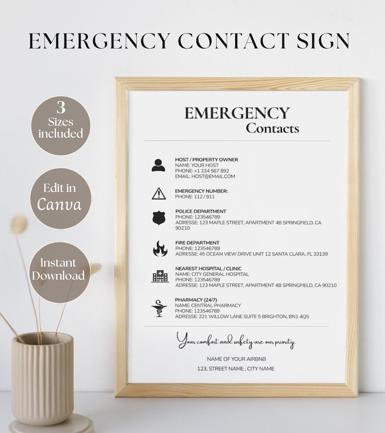 Emergency Contact Sign Canva Template | Airbnb Emergency Information ...
