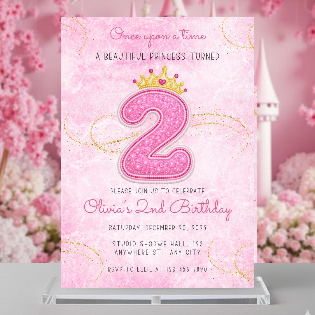 Princess 2nd Birthday Invitation Template – Pink Glitter Number 2 Party ...