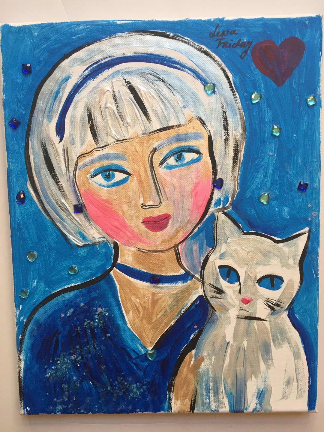 Original Acrylic Textured Painting, Lady and Her Pet-cat, Ready to Hang ...