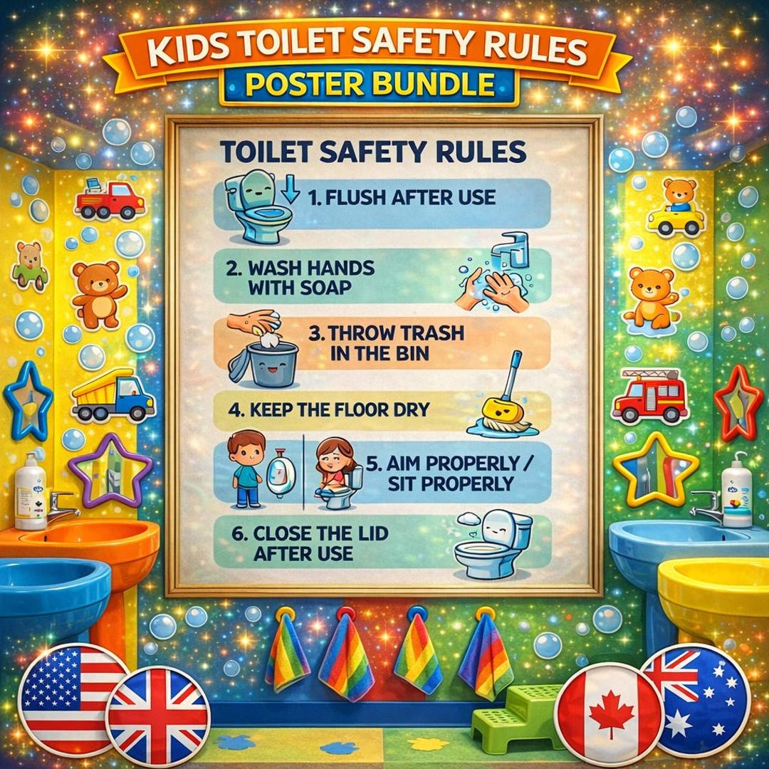 Kids Toilet Safety Rules Poster Bundle | Bathroom Wall Art | Potty ...