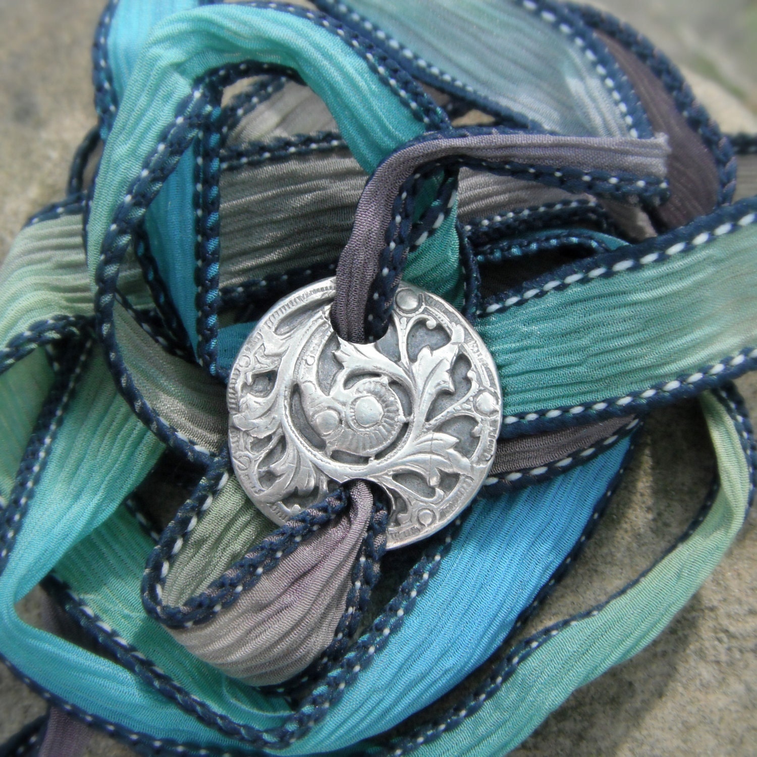 Antique Fern- Silk Ribbon Wrap Bracelet- Artisan Handcrafted- Recycled ...