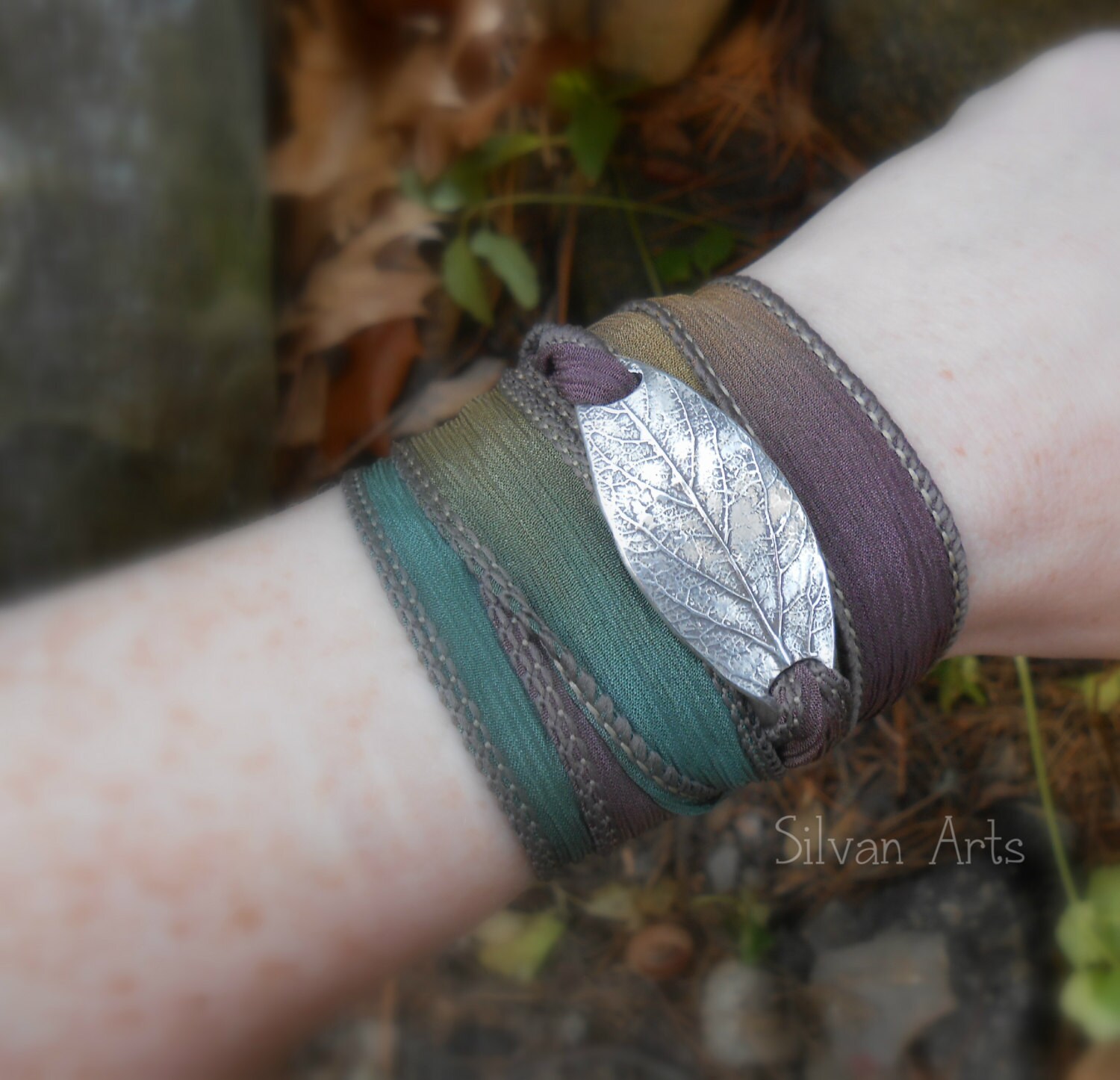 Sterling Silver Leaf Wrap Bracelet, Silk Ribbon,artisan, Woodland ...