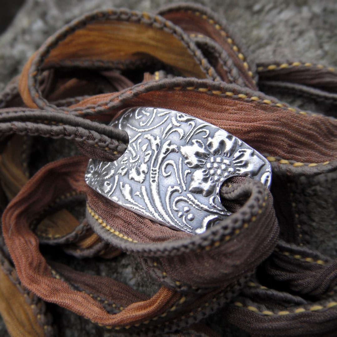 Silk Ribbon Bracelet- Antique Flower- Silver & Silk Wrap Bracelet ...