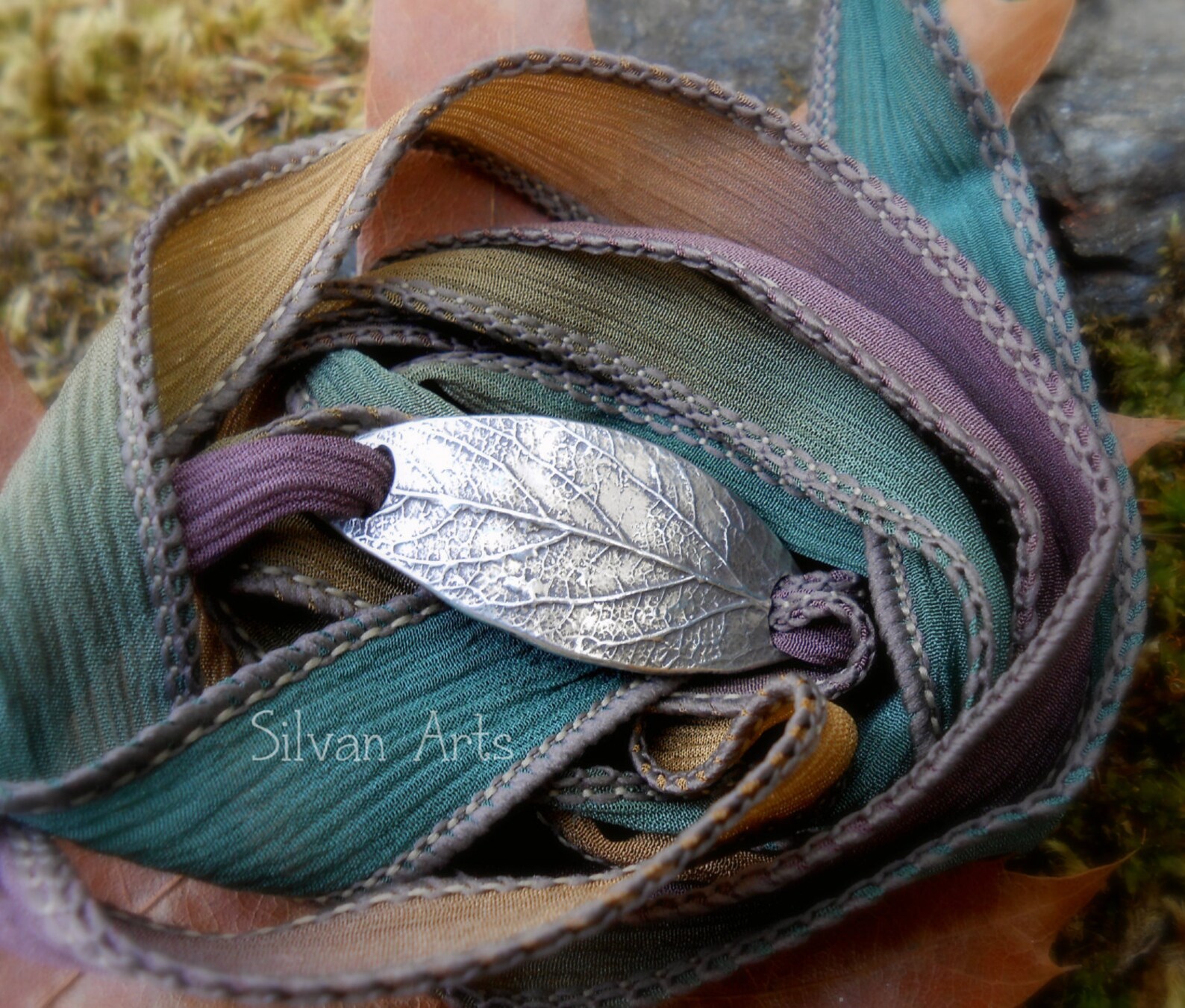 Sterling Silver Leaf Wrap Bracelet, Silk Ribbon,artisan, Woodland ...