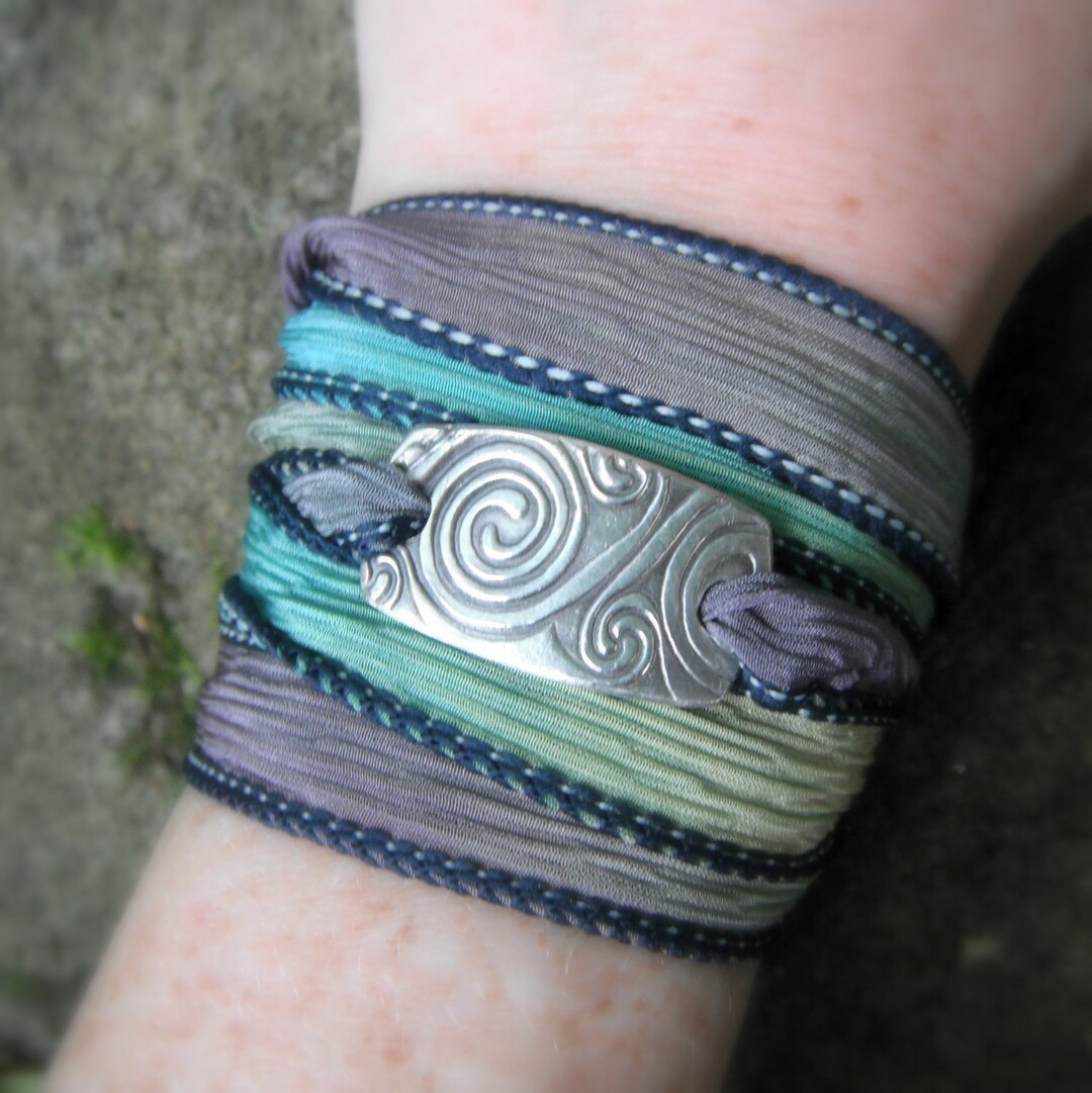 Silk Ribbon Wrap Bracelet - Celtic Spirals - Artisan Handcrafted With ...