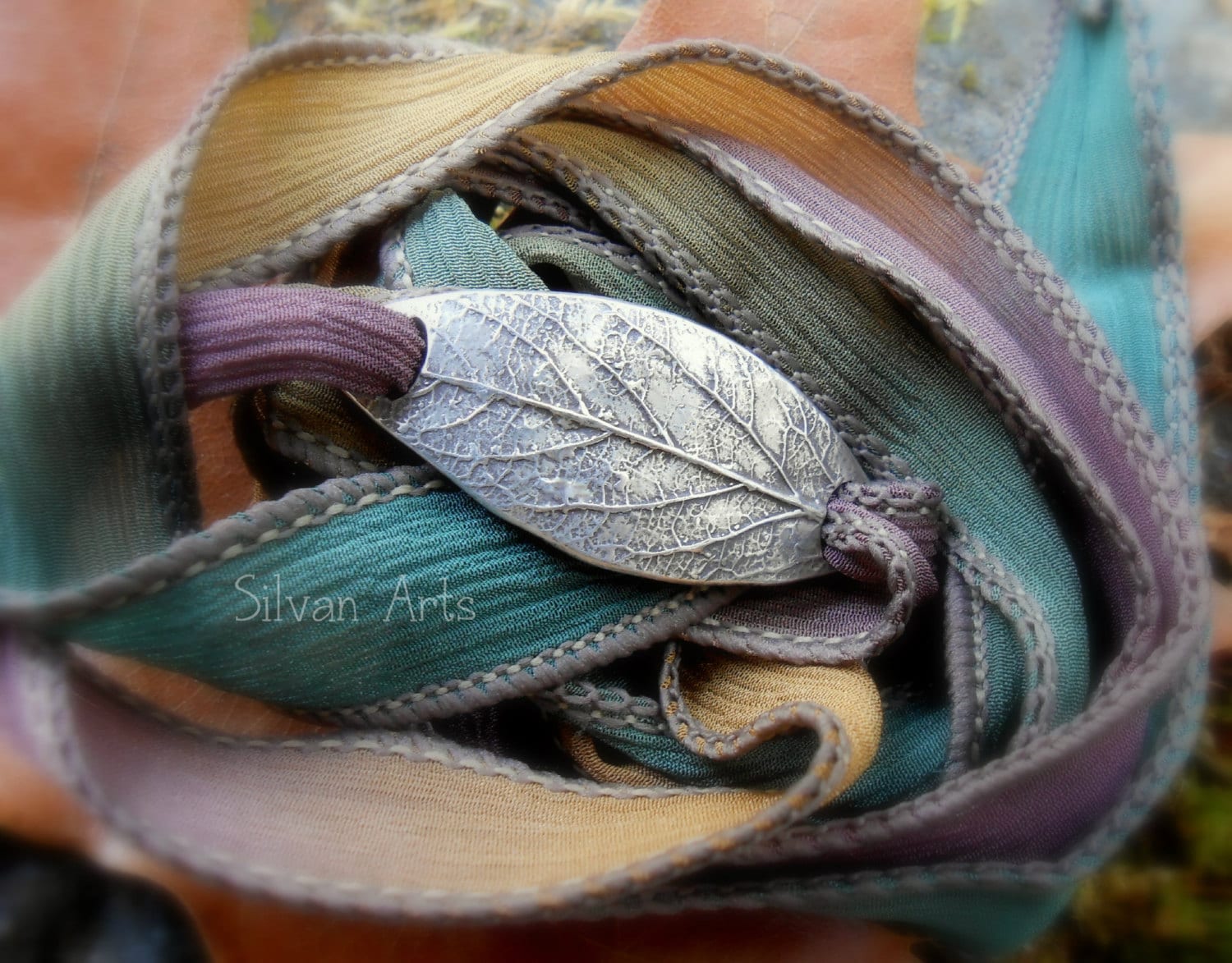 Sterling Silver Leaf Wrap Bracelet, Silk Ribbon,artisan, Woodland ...