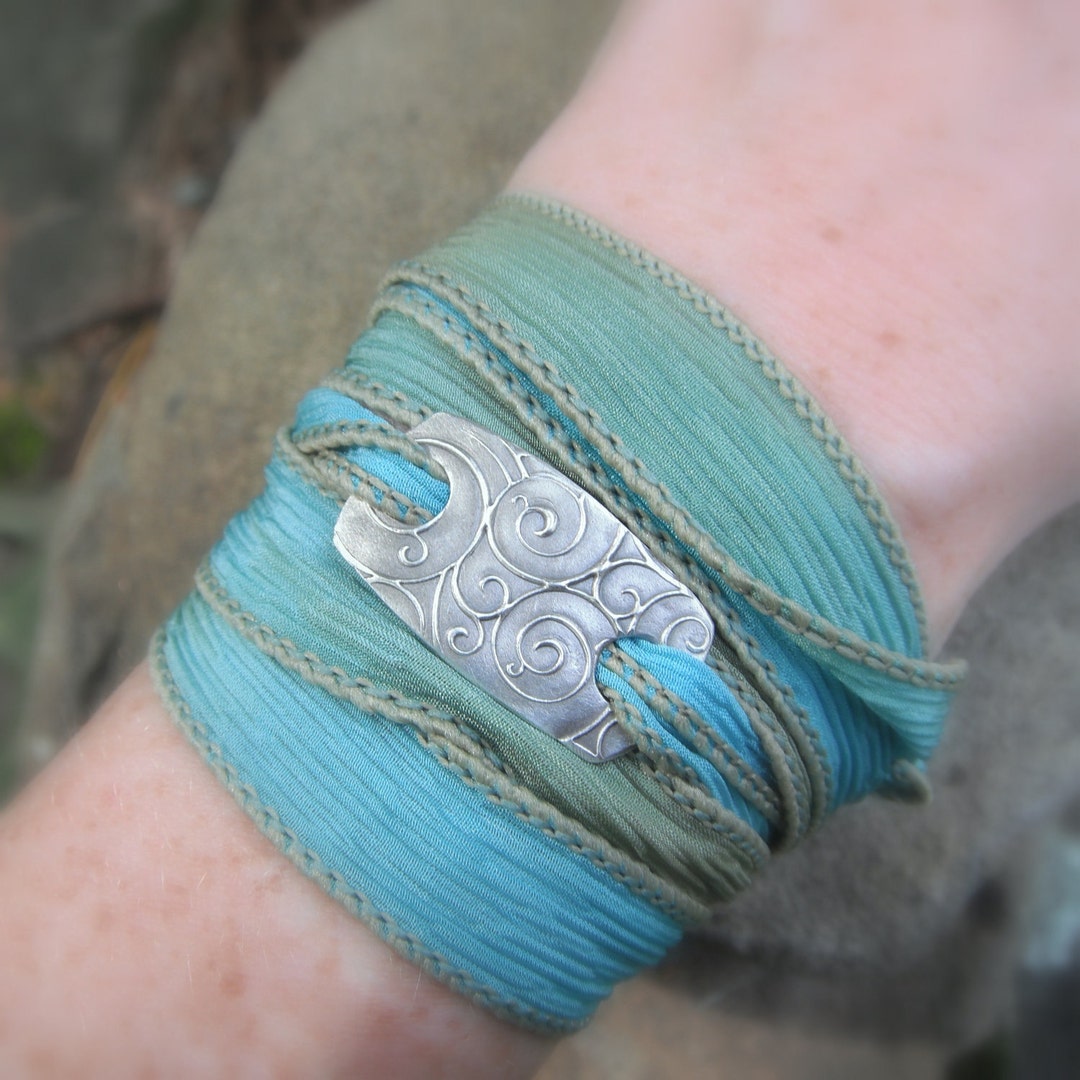 Silk Ribbon Bracelet- Silver & Silk Wrap Bracelet- Boho Wrap Bracelet ...