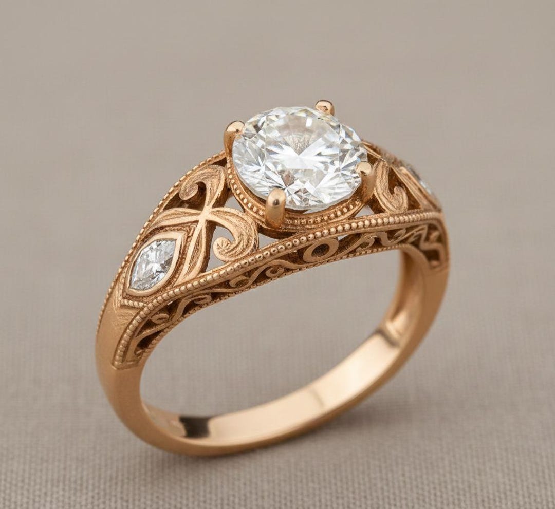 Vintage Oval Diamond Engagement Ring | Hand-engraved Gold Floral Band ...