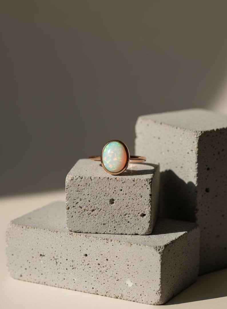 Oval White Opal Ring in 14k Gold, Dainty Solitaire - Etsy