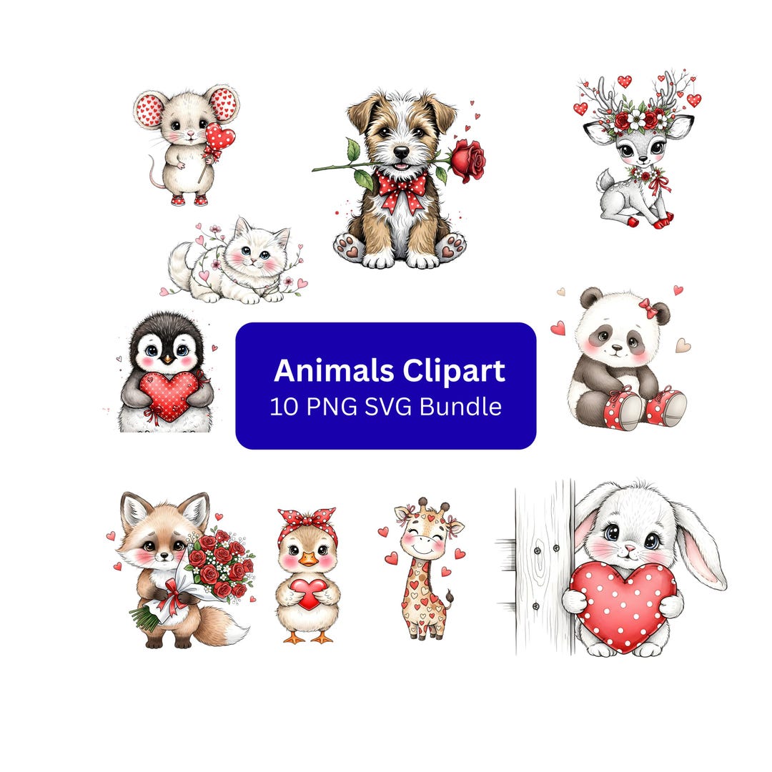 Valentine Animals Clipart Bundle, Kawaii PNG Graphics (digital Download ...