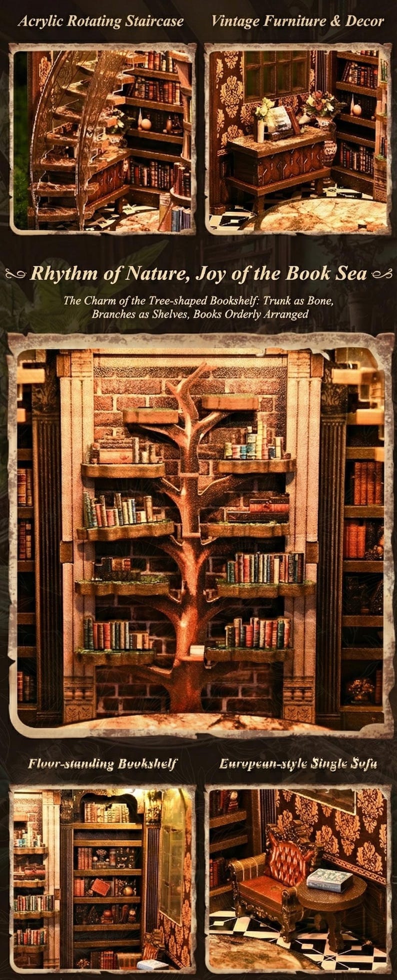 3D Pop-up Library Book Nook DIY Kit – Rotating Wheel Miniature House ...