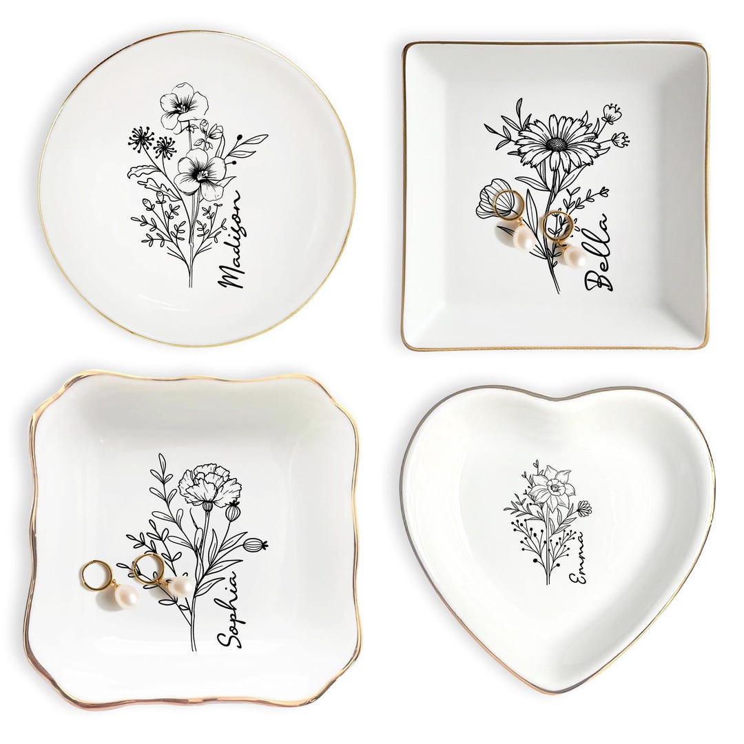 Personalized Ceramic Ring Dish With Floral Design, Custom Jewelry Tray ...