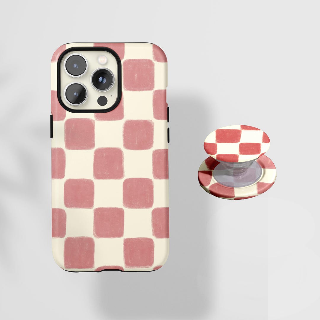 Retro Checkerboard Phone Case, Hand Painted Red Check Pattern ...