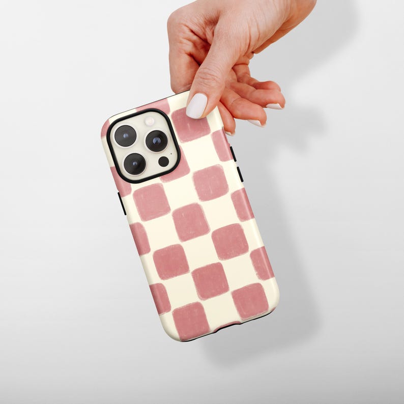 Retro Checkerboard Phone Case, Hand Painted Red Check Pattern ...