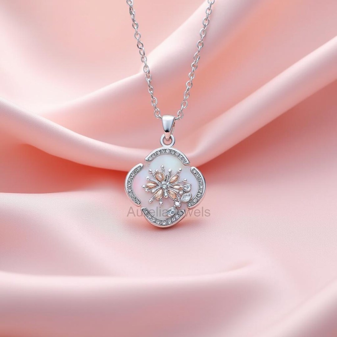 Mother of Pearl Shield Necklace – Rose Gold Floral Sunburst, CZ Border ...