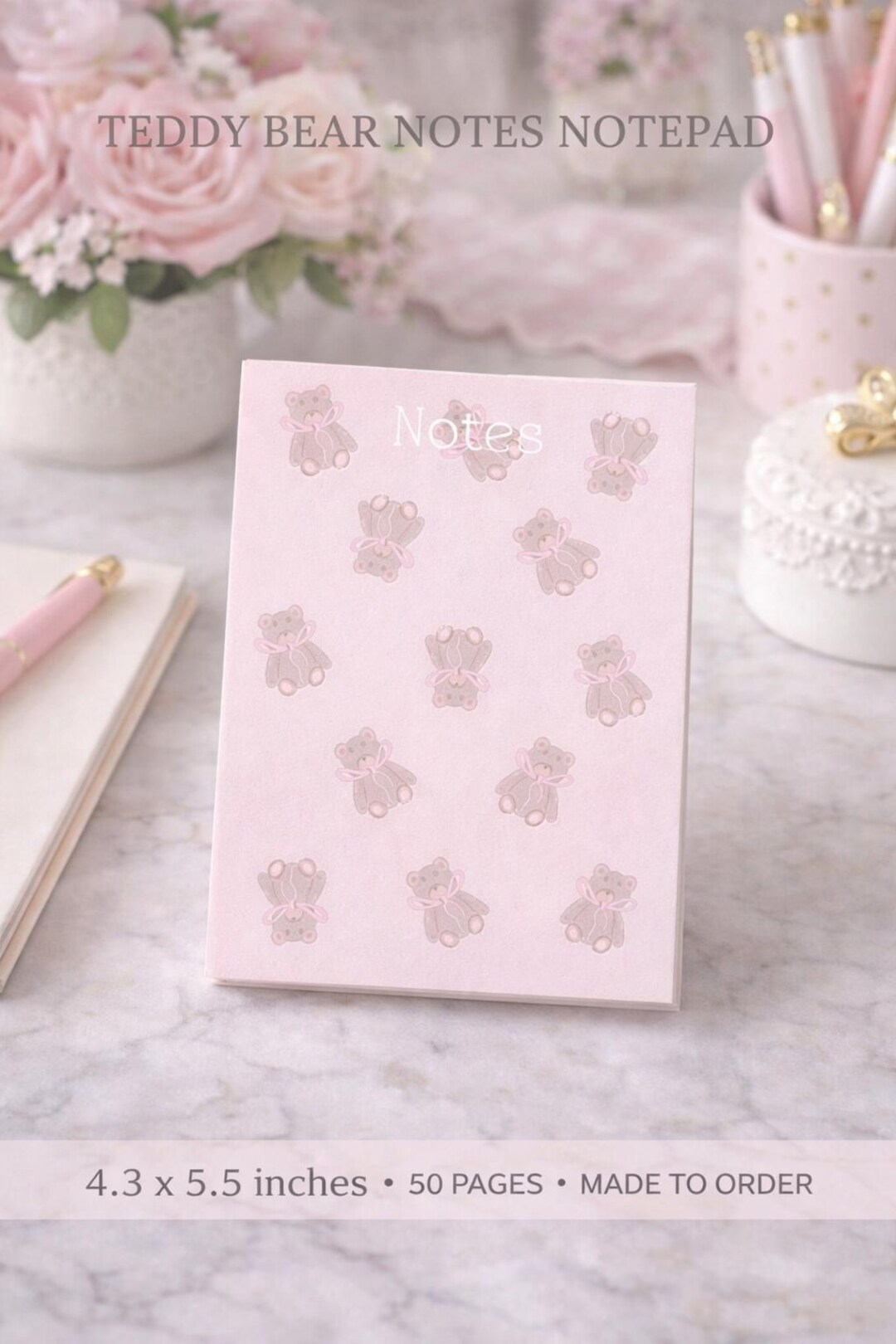 Teddy Bear With Pink Bow Notepad With Pink Background - Made to Order - Etsy