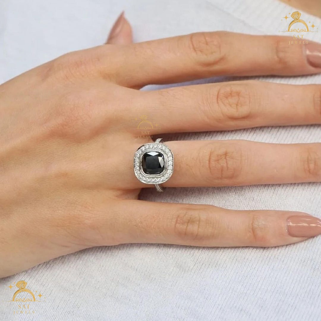 2.00 CT Cushion Black Lab Grown Diamond Halo Ring, IGI Certified 14K ...