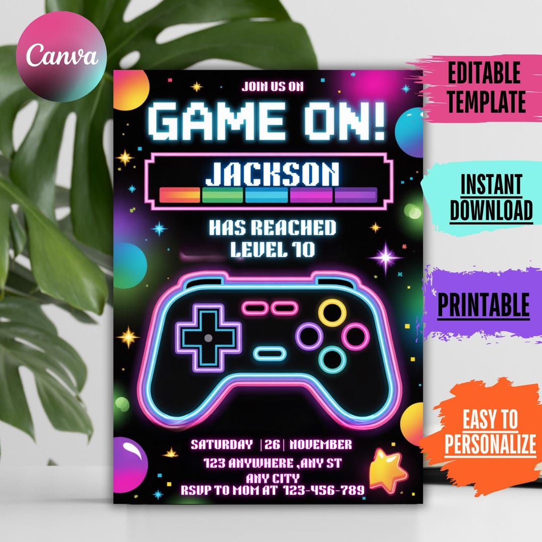 Editable Neon Game on Level up Gaming Birthday Invitation, Video Game ...