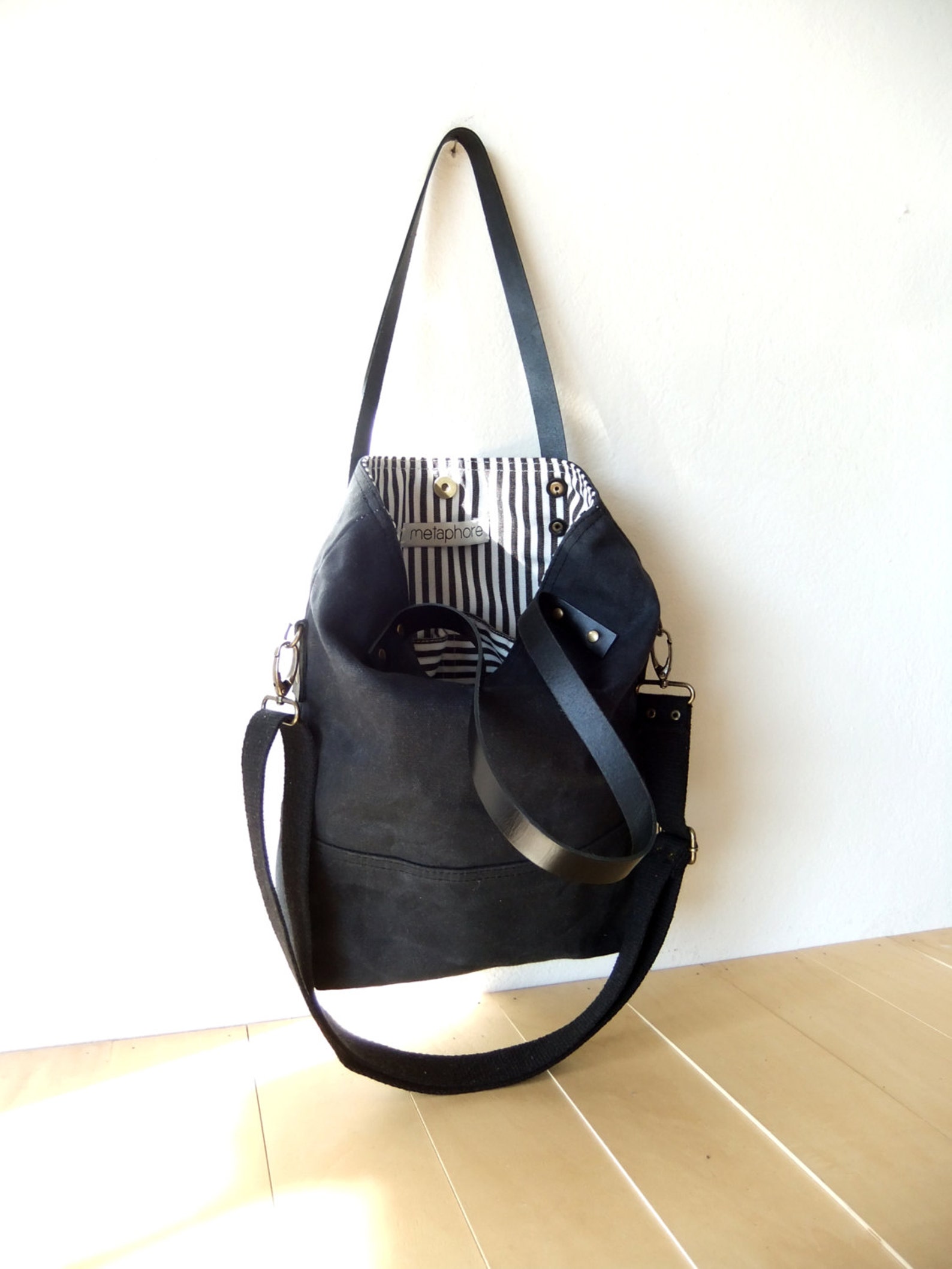 Waterproof Foldover Bag - Convertible Tote - Black Waxed Canvas ...