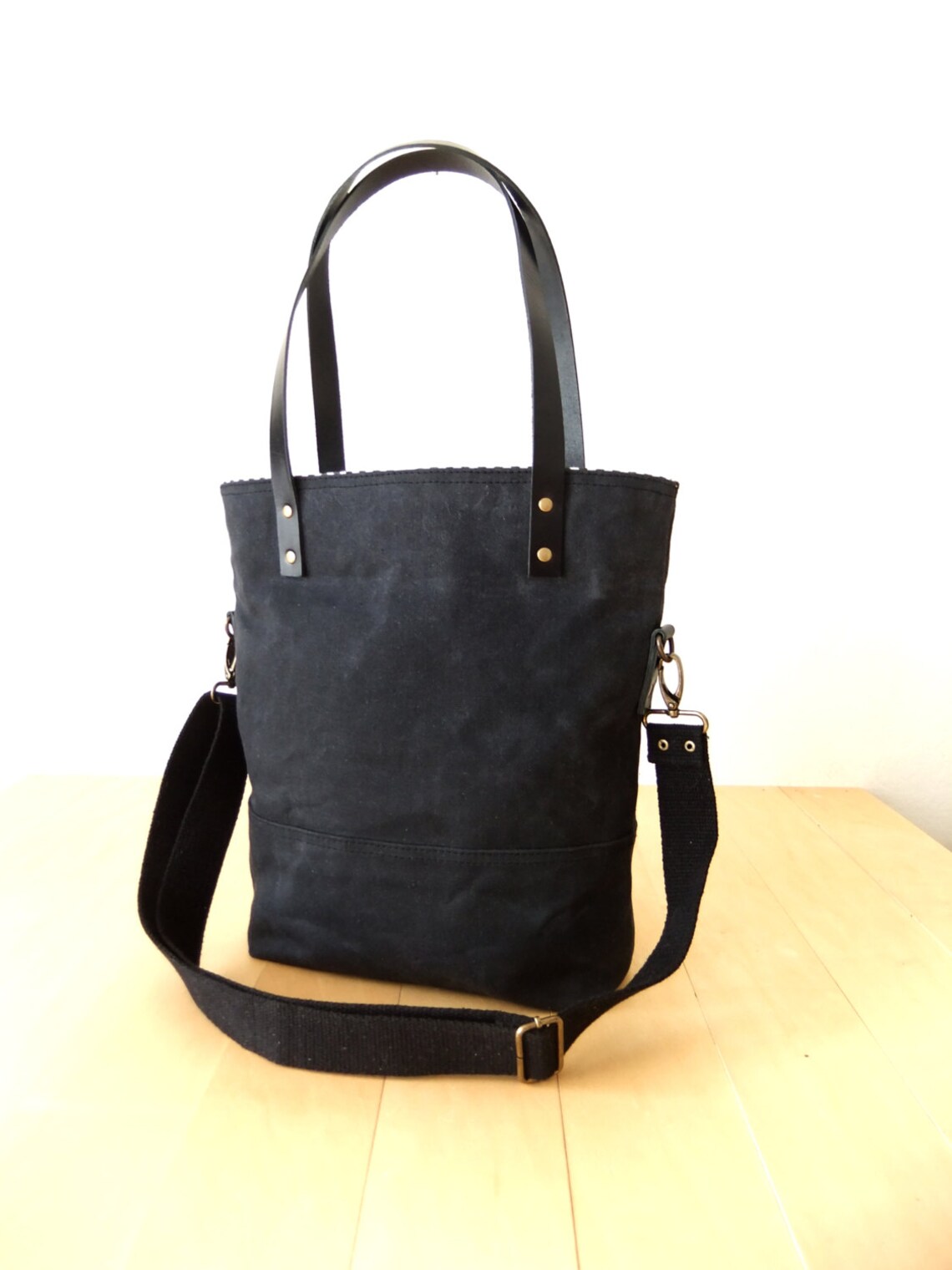 Waterproof Foldover Bag - Convertible Tote - Black Waxed Canvas ...