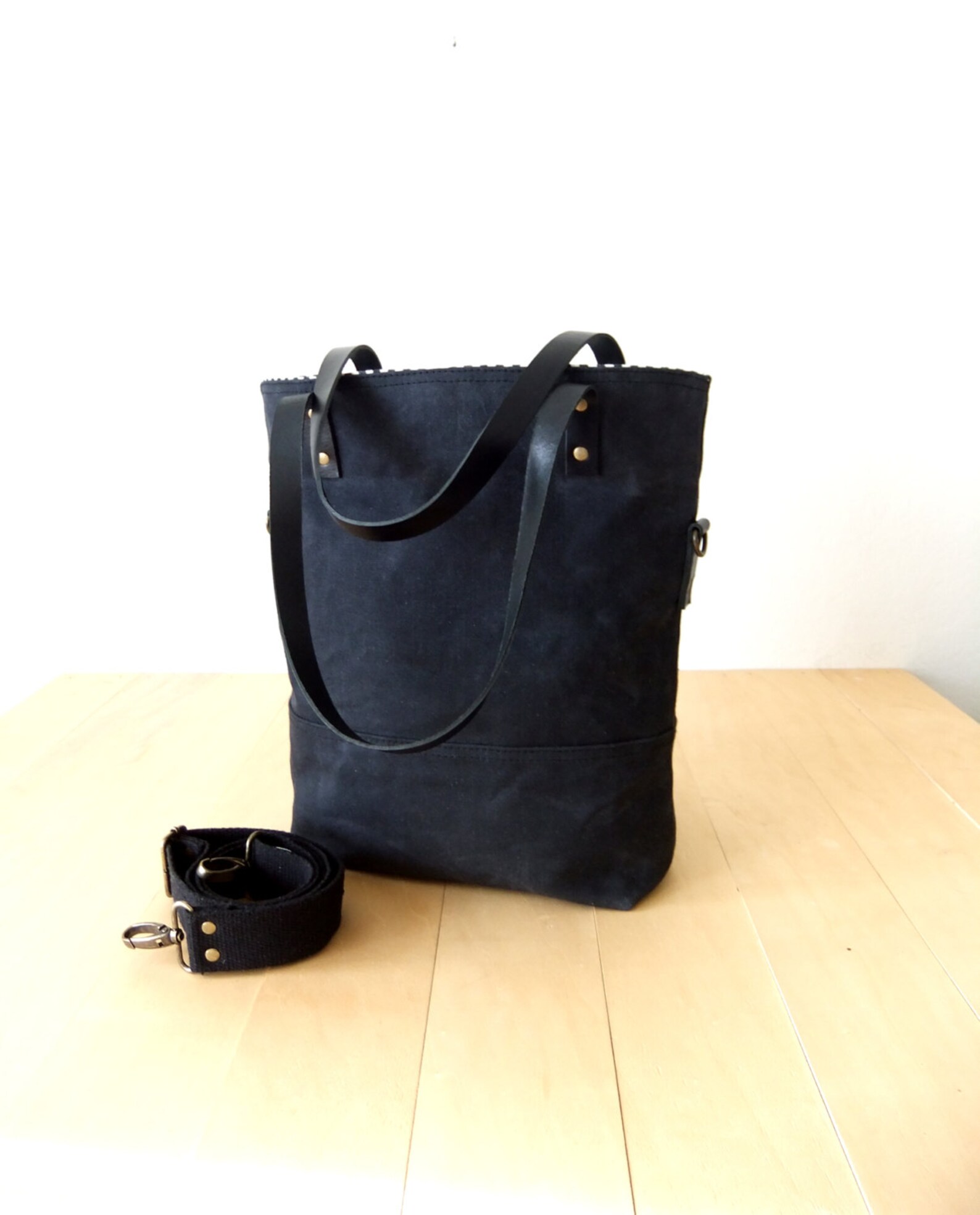 Waterproof Foldover Bag - Convertible Tote - Black Waxed Canvas ...