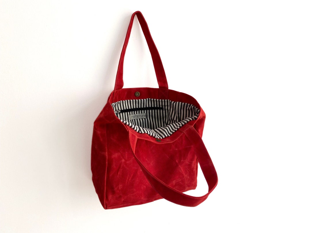 Red Waxed Canvas Tote Bag - Market Bag - Everyday Bag - Striped Lining ...