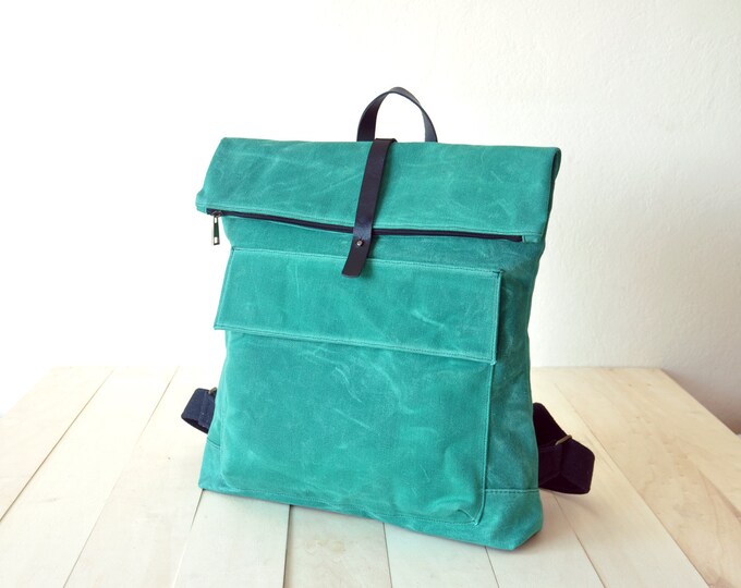 Waxed Canvas Backpack in Turquoise Adjustable Cotton Straps Zippered ...