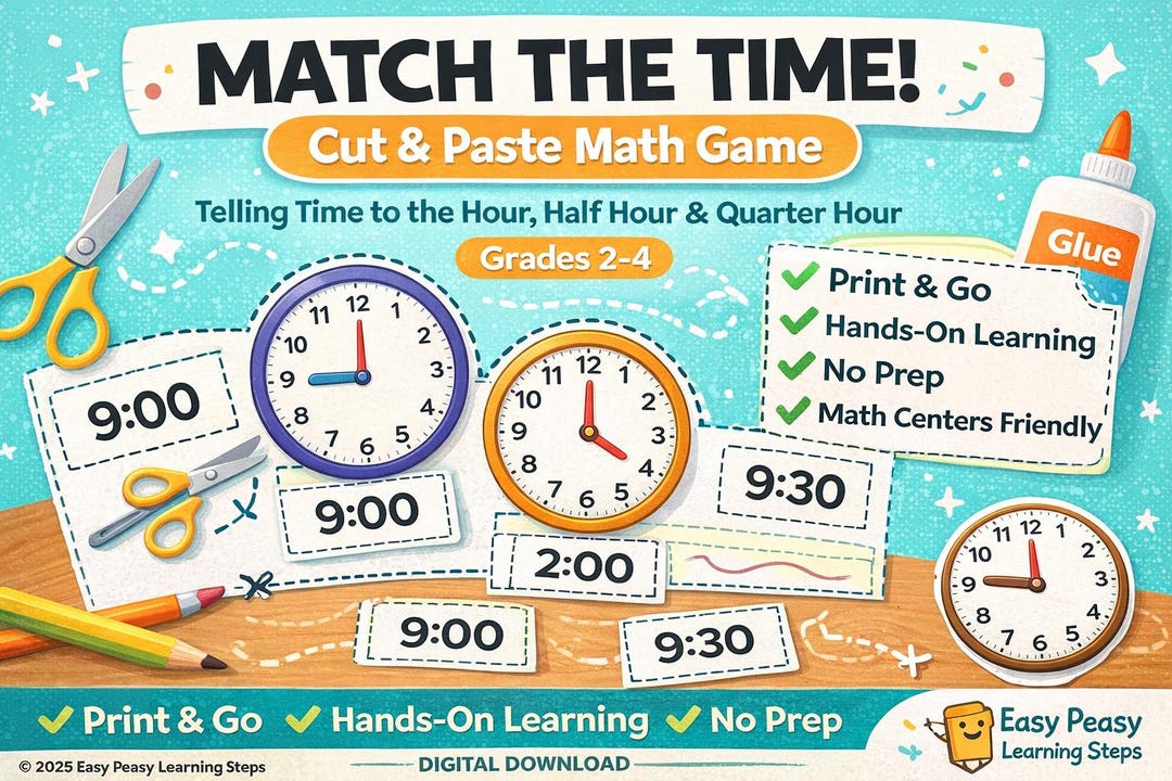 Match the Time! Cut & Paste Math Game - Etsy