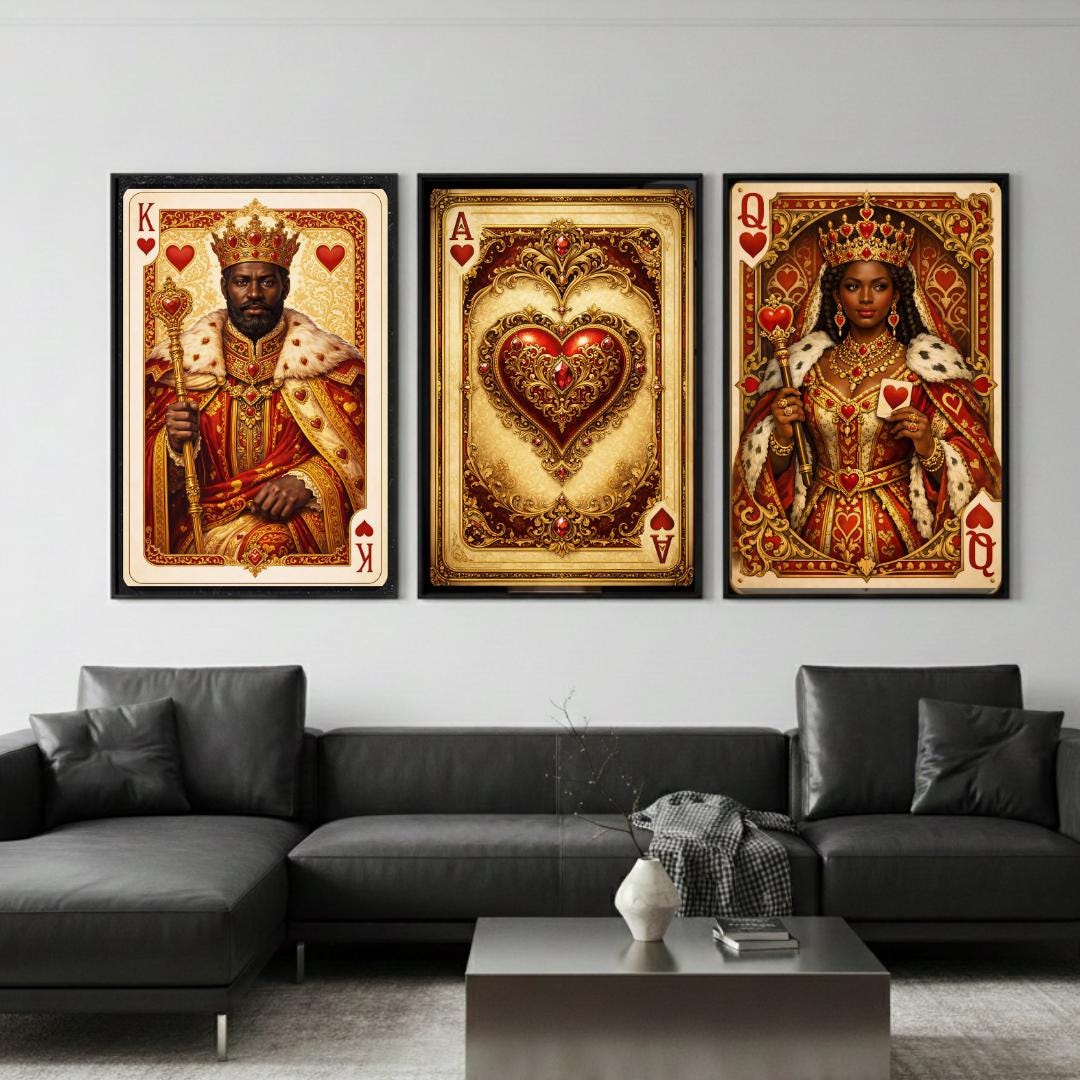 Royal Playing Card Art Prints, King Queen Ace Triptych, Black Royalty ...