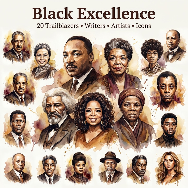 Black History Month Watercolor Clipart and Quotes – 20 Iconic Heroes ...