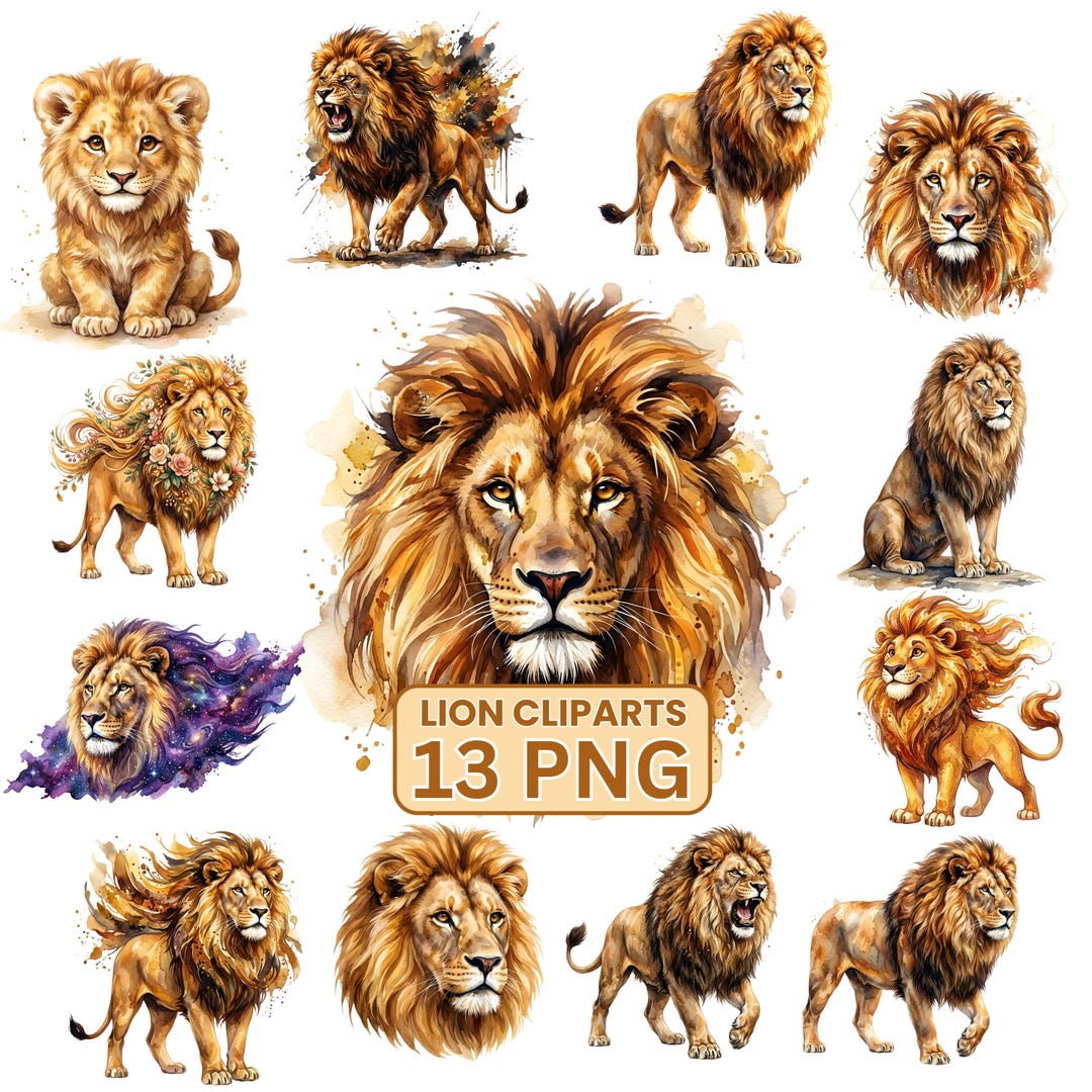 Watercolor Lion Clipart Bundle PNG | Safari Nursery Baby Boy Set | Wild ...