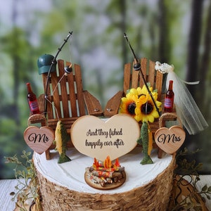 Fishing Theme Wedding Cake Topper Wood Chairs Fishing Poles Camp Fire Bon Fire Rustic Country ...